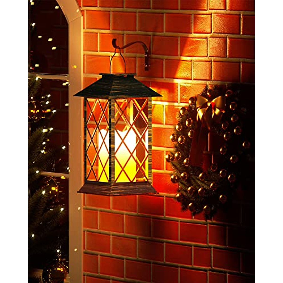 Fuairmee Solar Lanterns Outdoor Waterproof, Set of 2 Hanging Lantern with Brackets, 14 inch LED Flickering Flameless Candle Lights, Outdoor Lanterns for Front Porch Pathway Courtyard Party Patio