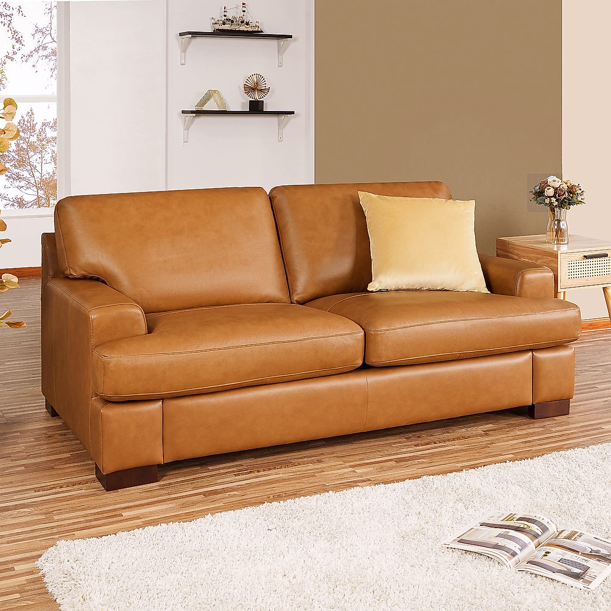 Naomi Home Siggy Genuine Leather Loveseat - Luxurious Comfort, Goose Feather Cushion Filling, Square Arm Design, Sturdy Block Legs, Elegant Tan - Ideal for Living Room, Office, or Bedroom