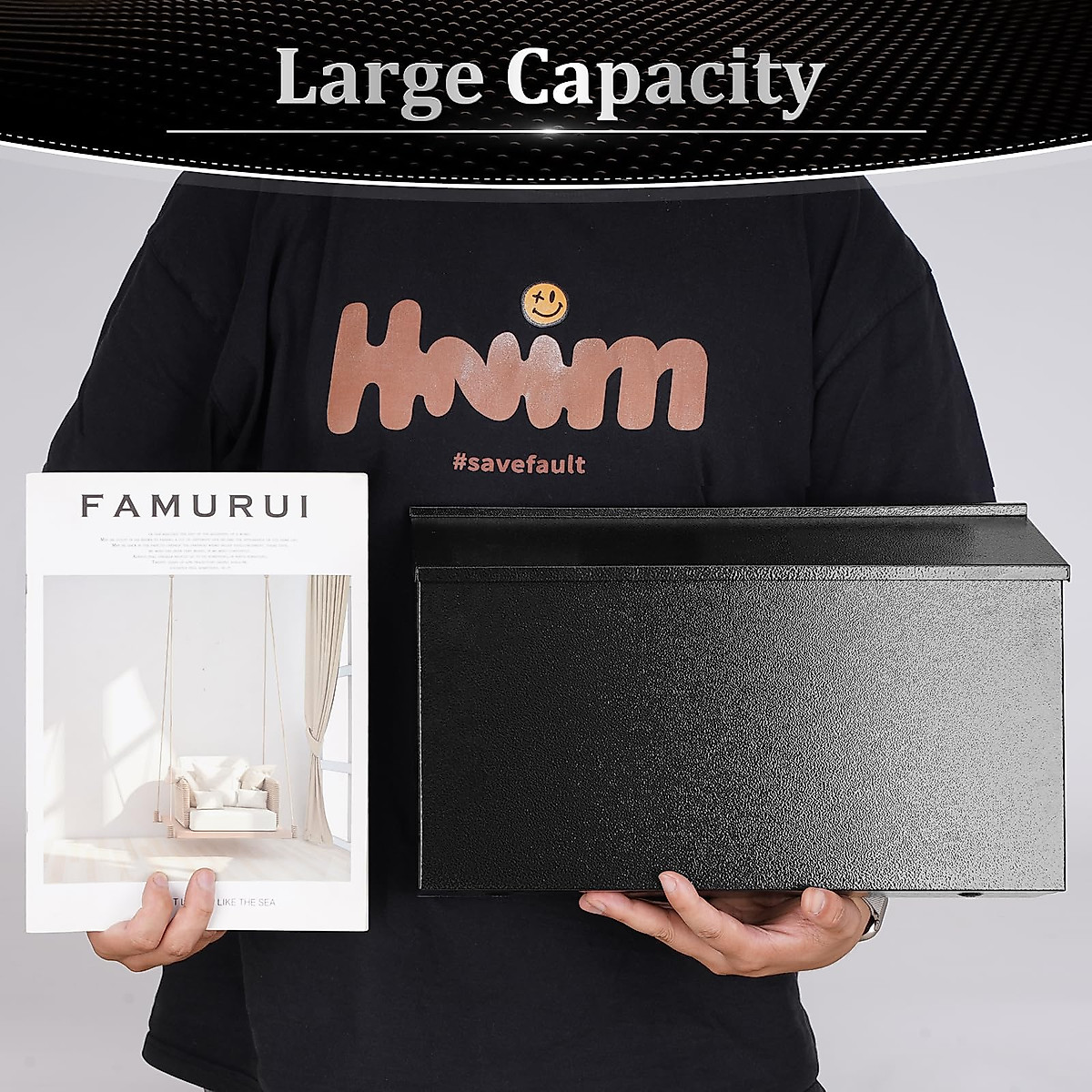 Dalmbox Wall-Mount Mailbox Large Mailbox for Post Rust-Proof Galvanized Steel Box for Outside or Townhouse Horizontal Style, Black, 15.7” x 4.3” x 9.4”