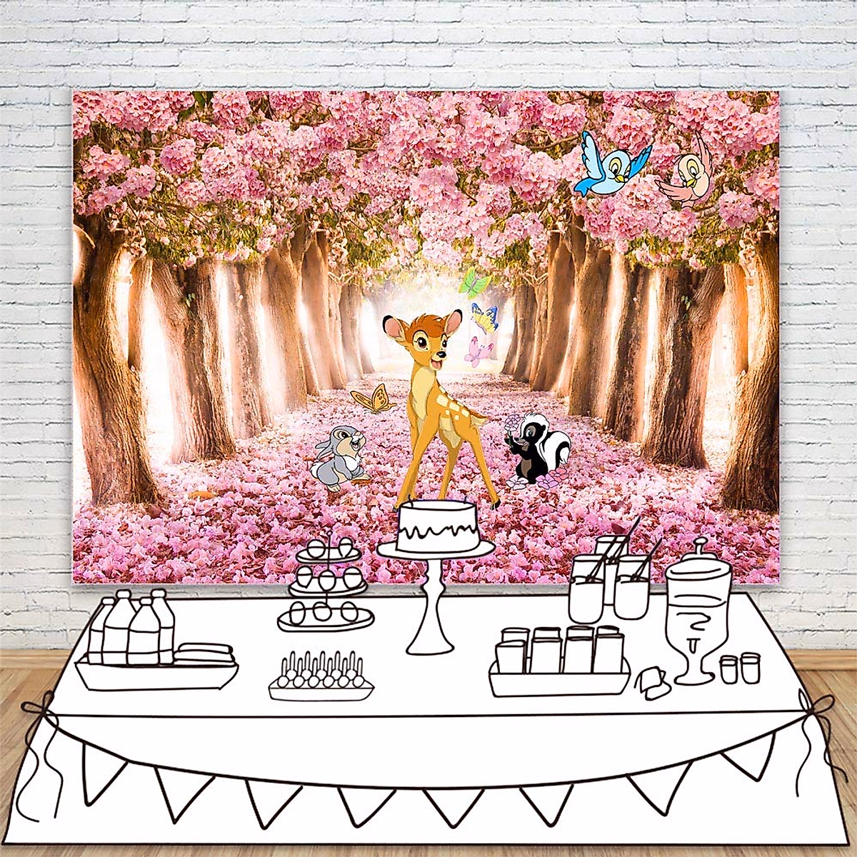 Bambi Backdrop for 1st Birthday Party 7x5 Pink Flowers Bambi and Butterfly Baby Shower Background for Girl Vinyl Spring Forest Bambi Themed Happy Birthday Backdrops for Kids