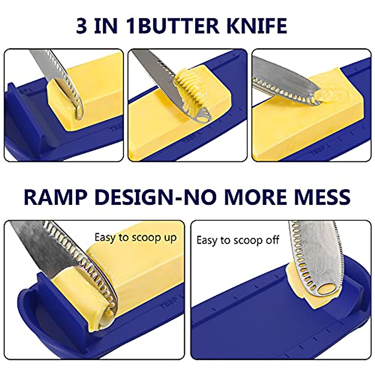 Butter Dish with Magnetic Lid, Light Butter keeper for Counter with Spreader Knife & TBSP markings, Easy Scoop, Food Safe, Perfect for East West Coast Butter (8inch-knife-1, Royal Blue)