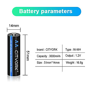 CITYORK 16 Pack 1.2V Ni-MH AA 3000mAh Rechargeable Battery, NIMH Pre-Charged AA Rechargeable Battery 1.2V 3000mAh Long Lasting for Solar Lights, Remote Controller, Electric Toys