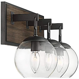 Possini Euro Design Webly Industrial Rustic Wall Light Gunmetal Faux Wood Hardwired 20" 3-Light Fixture Clear Glass Globe Shade for Bedroom Bedside Bathroom Vanity Living Room Hallway Dining House