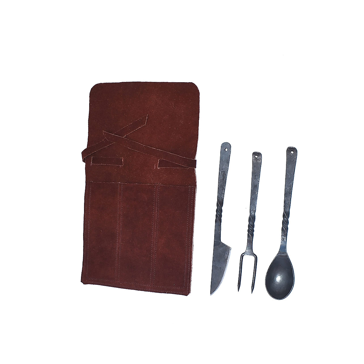 Viking Traders Hand-Forged Blacksmith Medieval Dining Hall Eating/Feasting Utensils set of 3 Piece Functional Fork Knife and Spoon Medieval Eating Set, with genuine leather pouch for easy carrying.