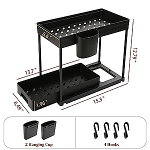 2 Pack Under Sink Organizers and Storage with Under Sink Mat, 2 Tier Black Pull Out Bathroom Cabinet Organizer , Cabinet Organizer with Hooks and Hanging Cups for Home Bathroom Kitchen Organization