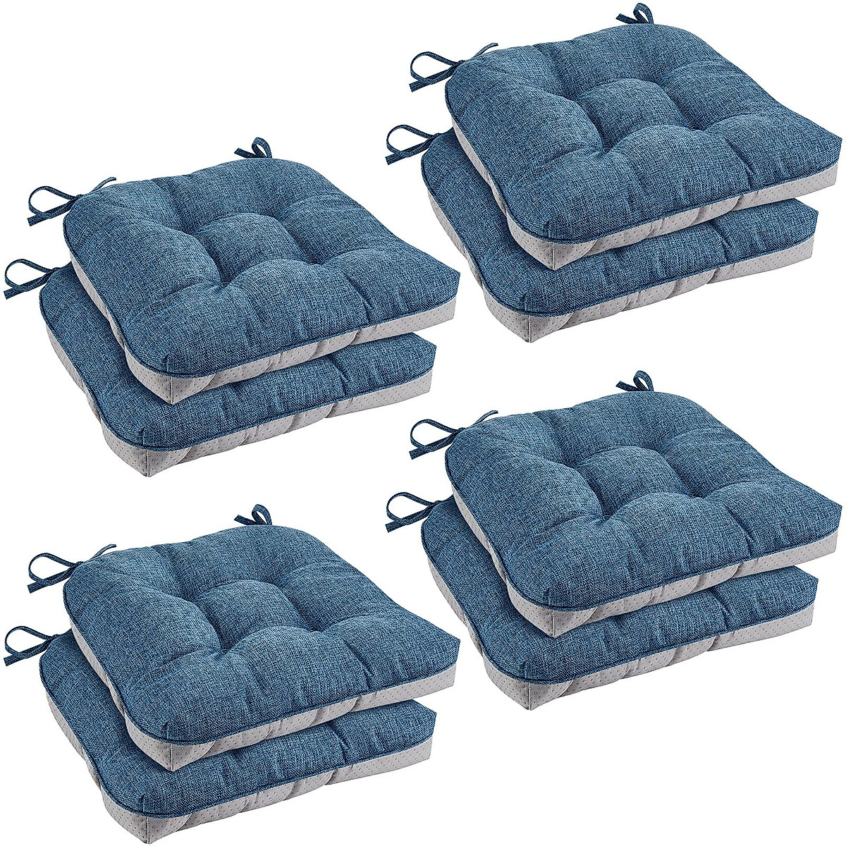8 Pack Indoor Chair Cushions for Dining Chairs Kitchen Chair Pad with Ties Tufted Overstuffed Memory Foam Textured Chair Cushions Non Slip Backing Chair Seat Cushions, 15.5 x 15.5 Inches, Blue