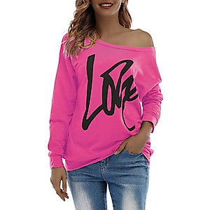Century Star Women Long Sleeve Sweatshirts Off the Shoulder Sweatshirt Oversized letter Print Sweaters Pullover Casual Shirt Tops Rose Red Large (Lable Size Medium)