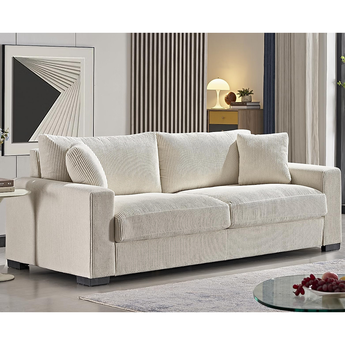Container Furniture Direct Luxe Corduroy Sofa with 2 Toss Pillows, Spacious and Comfortable 3 Seater Couch for Modern Living Room, Ideal for Entertainment and Cozy Moments, 89" Wide, Beige