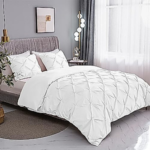 ASHLEYRIVER 3 Piece Luxurious Pinch Pleated Duvet Cover with Zipper & Corner Ties 100% 120 g Microfiber Pintuck Duvet Cover Set(Queen White)
