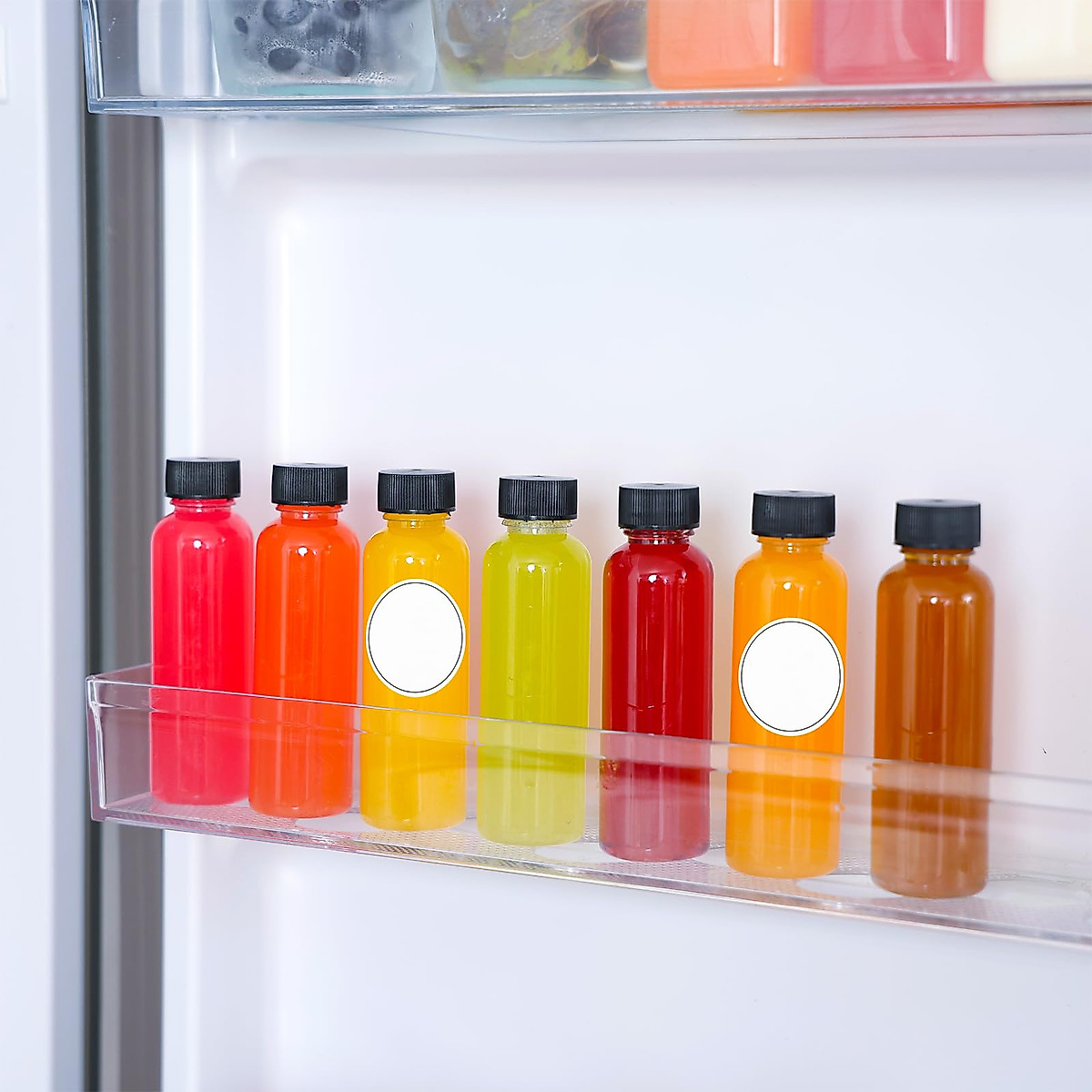 Moretoes 2oz Shot Bottles with Caps, 12pcs Plastic Juice Bottles, Reusable Leak-proof Containers with Cap for Juices, Ginger Shot, Smoothie and Other Liquids