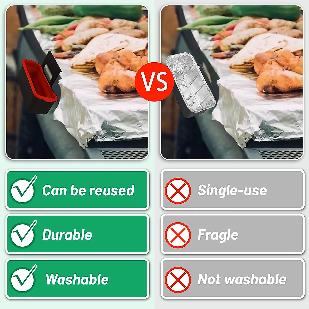 HUAKENER 2 Pcs Grease Cup Liners for Blackstone Grill, Blackstone Grease Catcher Silicone, Reusable Grill Drip Pan for Blackstone 17, 22, 28, 30, 36 Inch Griddle (Blue, Red 8” X 3” X 3.7”)