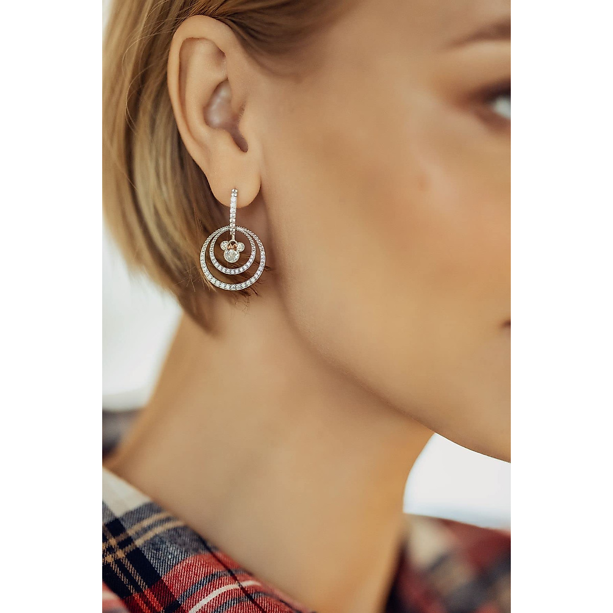 Disney Minnie Mouse Jewelry, Double Hoop Cubic Zirconia Dangle Earrings, Two Tone, Sterling Silver