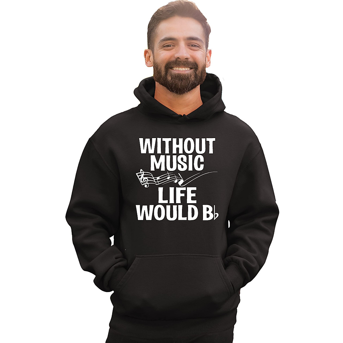 Go All Out Large Black Mens Without Music Life Would B Flat Funny Music Lovers Sweatshirt Hoodie