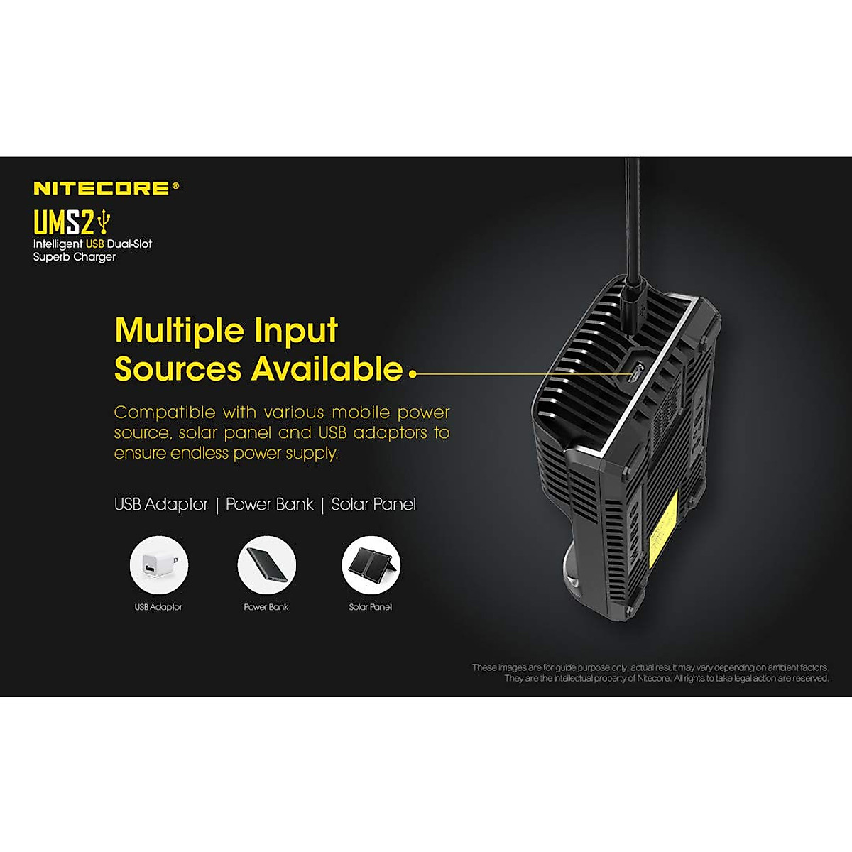 Nitecore UMS2 Intelligent USB Dual-Slot Quick Battery Charger for Li-Ion/Ni-MH/Ni-Cd/IMR 16340 14500 18650 21700 20700 AA AAA and More Batteries, with LumenTac Battery Organizer