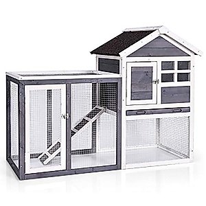 Tangkula Rabbit Hutch, Indoor Outdoor Bunny Cage with Run, Wooden Rabbit Cage with Waterproof Roof & Pull Out Tray, Chicken Coop Pet House for Rabbits, Chicken and Guinea Pigs (Gray)