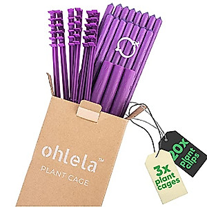 Large Tomato Cages for Garden - 48 Inches, 3-Pack Multifunctional Purple Tomato Plant Support for Vine, Vegetables, Fruits & Flowers with Adjustable Stake Arms - Non-Rusting with 20pcs Plant Clips