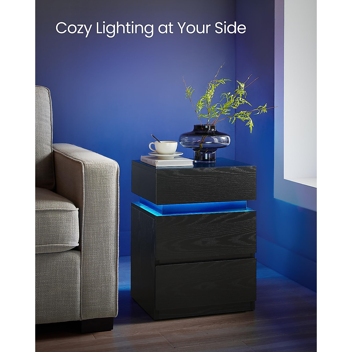 VASAGLE Nightstands with LED Lights, Set of 2, Adjustable Light Colors, Bedside Tables, Side Tables with 3 Drawers, Modern Style, 13.8 x 15.7 x 21.7 Inches, Ebony Black ULET799T58