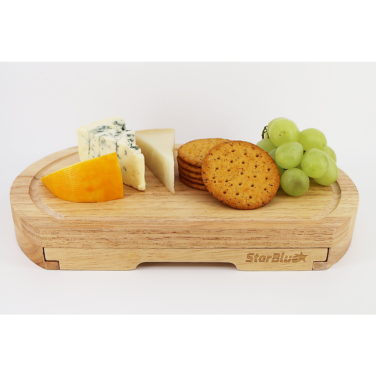 Cheese Board Set by StarBlue - with 4 Knives and Slide Out Drawer | Large Oak Wooden Cheese and Platter Cutting Serving Plate Tray | Best for Housewarming and Birthday Gift