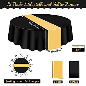 12 Pack 12x108 Inch Satin Table Runner and 84 Inch Round Plastic Tablecloths Set Black and Gold Disposable Round Table Cover for Graduation Wedding Bridal Shower Anniversary Birthday Party Decorations