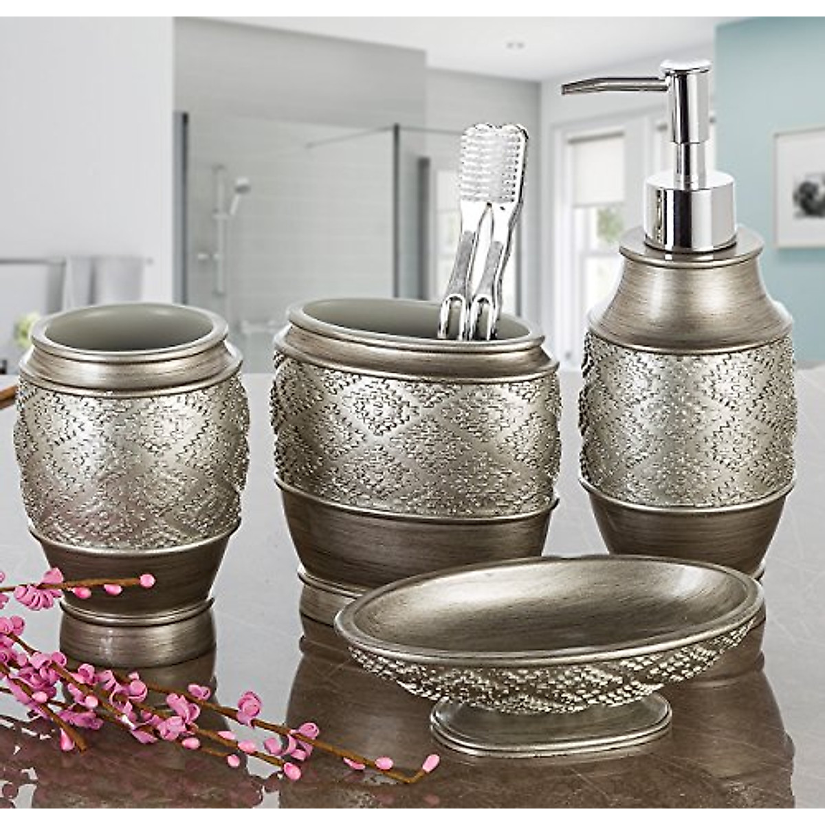 Creative Scents Decorative Bathroom Accessories Set Brushed Silver - 4 Piece Bathroom Set Includes: Soap Dispenser, Toothbrush Holder, Soap Dish and Tumbler, in Beautiful Gift Box (Dublin)