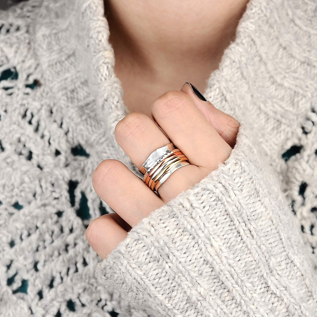 Boho-Magic Spinner Ring for Women 925 Sterling Silver with Copper Brass and Silver Fidget Rings (9)