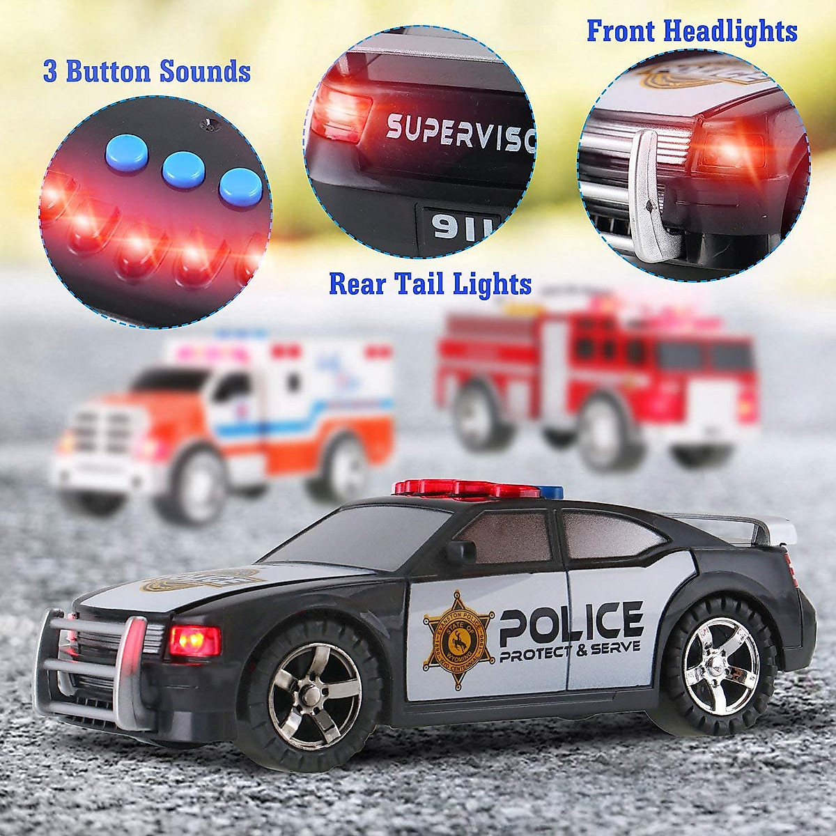 Liberty Imports 3-in-1 True Hero Emergency Rescue Vehicles Kids Toy Cars Playset - Ambulance, Fire Truck and Police Car with 3-Button LED Light and Sound Effects