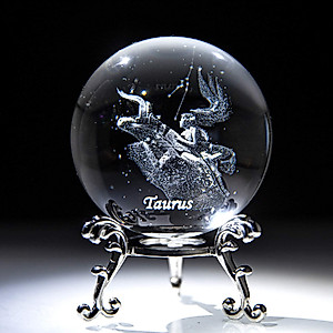 HDCRYSTALGIFTS 3D Laser Constellation Crystal Ball Crystal Paperweight Full Sphere Glass Fengshui with Sliver-Plated Flowering Stand(Taurus)