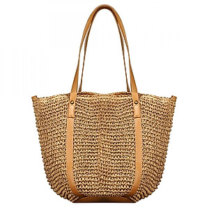 Women Straw Shoulder Bag Summer Beach Lightweight Large Wallet Handmade Woven Handbag (Khaki)