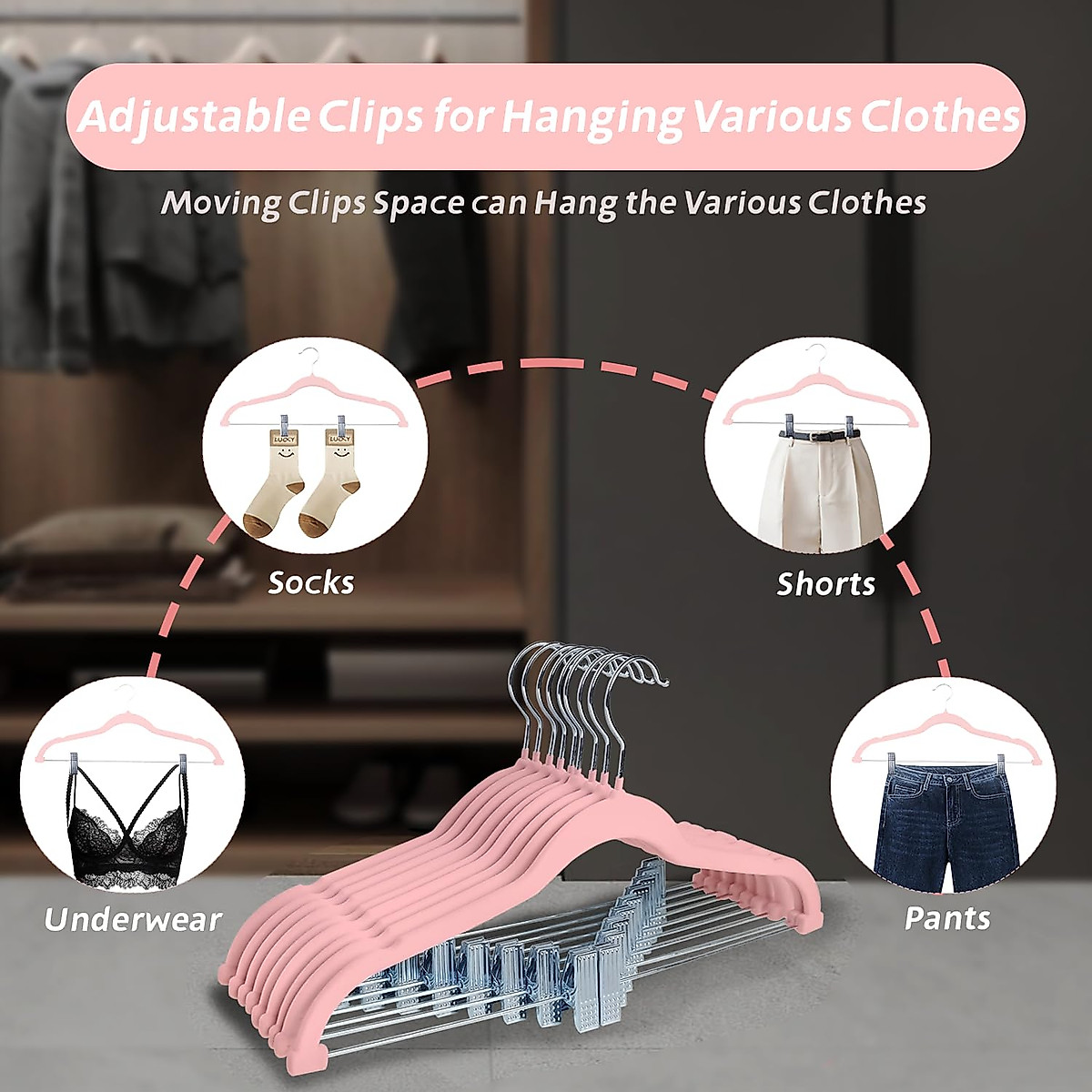 ManGotree Trouser Hangers with Movable Clips, Non-Slip Velvet Clothes Hangers, Space-Saving Skirt Hangers for Shirts, Pants, Dresses, Skirts, Coats (18 Pack, Pink)