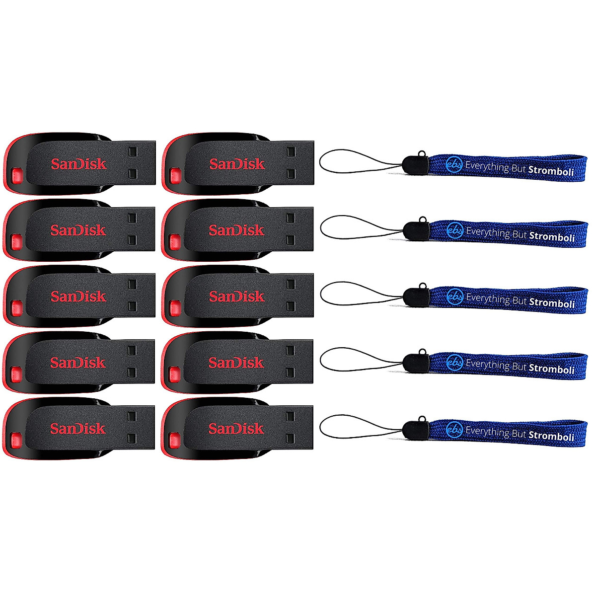 SanDisk Cruzer Blade 8GB (10 pack) USB 2.0 Flash Drive Jump Drive Thumb Drive SDCZ50-008G-10PK w/ (5) Everything But Stromboli (TM) Lanyard