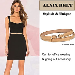 ALAIX Women's Leather Skinny Belt for Dress Adjustable Thin Waist Belt for Lady Waistband with Golden Buckle Apricot