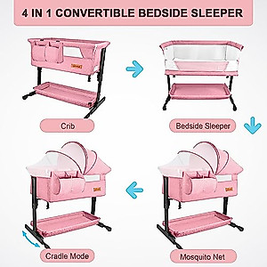BIERUM Baby Bassinet, Bedside Sleeper for Baby, 6 Height Adjustable Bedside Bassinet with Wheels, Easy to Assemble Bedside Crid with Large Storage Bag for Newborn, Mattress & Mosquito Net Included