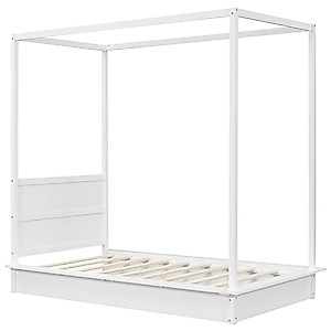 BOVZA Twin Size Canopy Bed Frame with LED Lights and Headboard, Wooden 4-Post Canopy Platform Bed with Support Slats, No Box Spring Needed, White