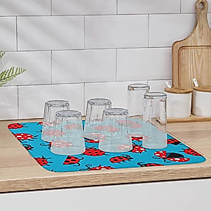 Dish Drying Mat for Kitchen Counter Absorbent Quick Drying Mat, Cute Ladybug Red Black Carapace Insect Dense Animal Blue Microfiber Drying Pad Countertop Protector, Easy to Hang- 16 x 18