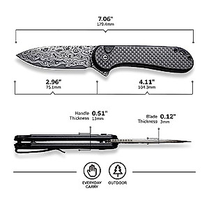 CIVIVI Elementum II Pocket Folding Knife, 2.96" Damascus Blade Utility Knife with Deep Carry Pocket Clip for EDC C18062PB-DS1