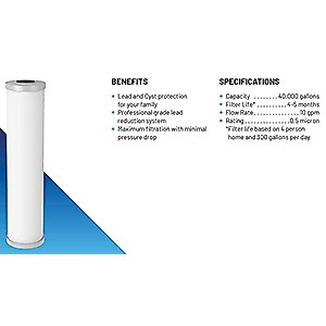 Pentair OMNIFilter PB55-20 Carbon Water Filter, 20-Inch, Whole House Premium Heavy Duty Carbon Block Lead Reduction Replacement Cartridge, 20" x 4.5", 0.5 Micron