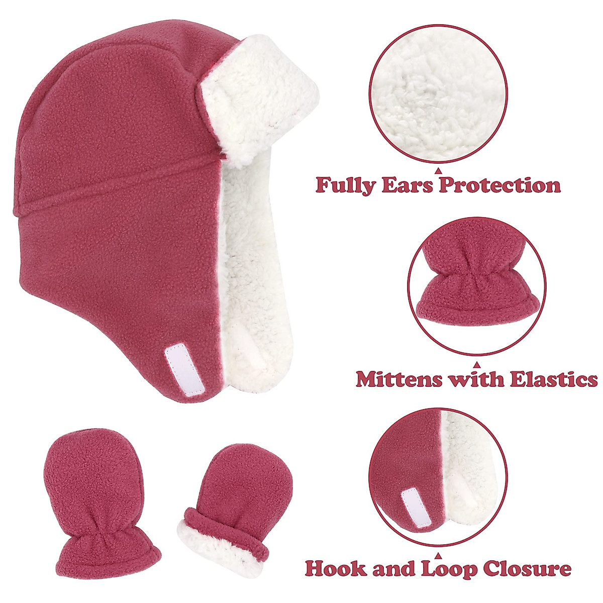 Baby Girl Winter Hat Toddler Hats for Girls Boys Sherpa Lined Trapper Hat Baby Hats and Mittens Toddler Gloves Rose 12-24 Months