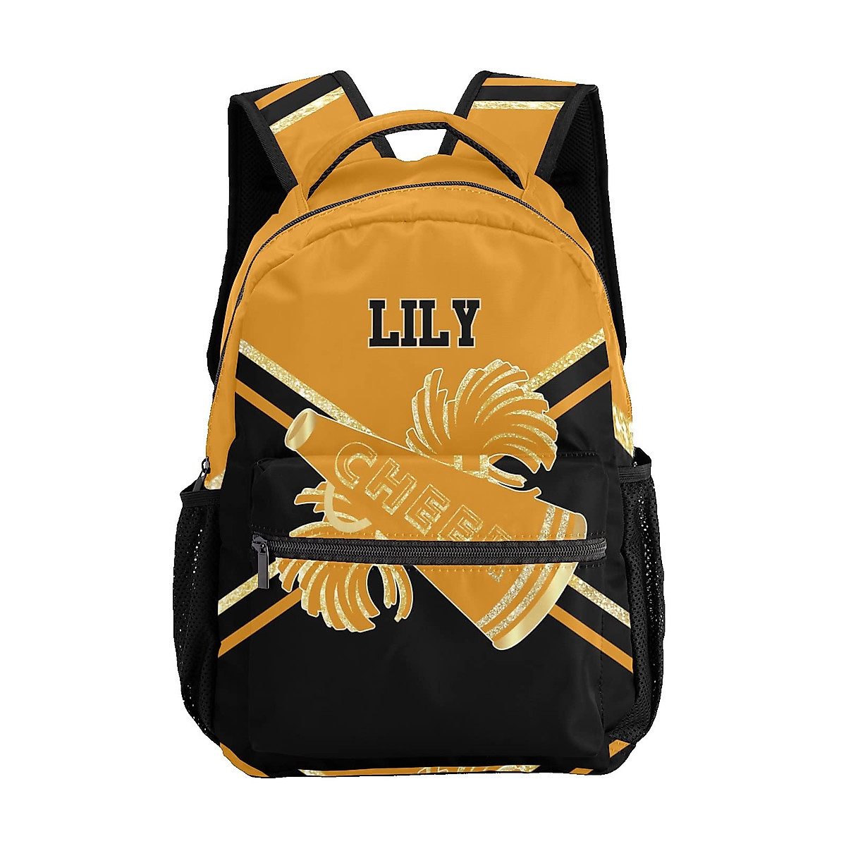 BigBigift Customized Cheer Yellow Black Cheerleaders Waterproof Backpack with Name for Hiking Camping Picnic 12.2(L)x5.9(W)x16.5(H)inch
