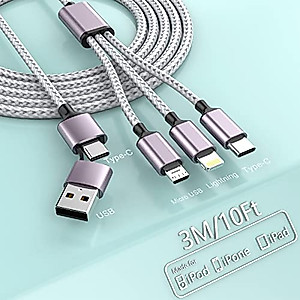 MTAKYI 3M USB C Multi Fast Charging Cable, 4-in-1 Multi Charging Cable Nylon Braided Cord USB/C to Type C/iPhone Fast Sync Charger Adapter Compatible with Laptop/Tablet/Phone