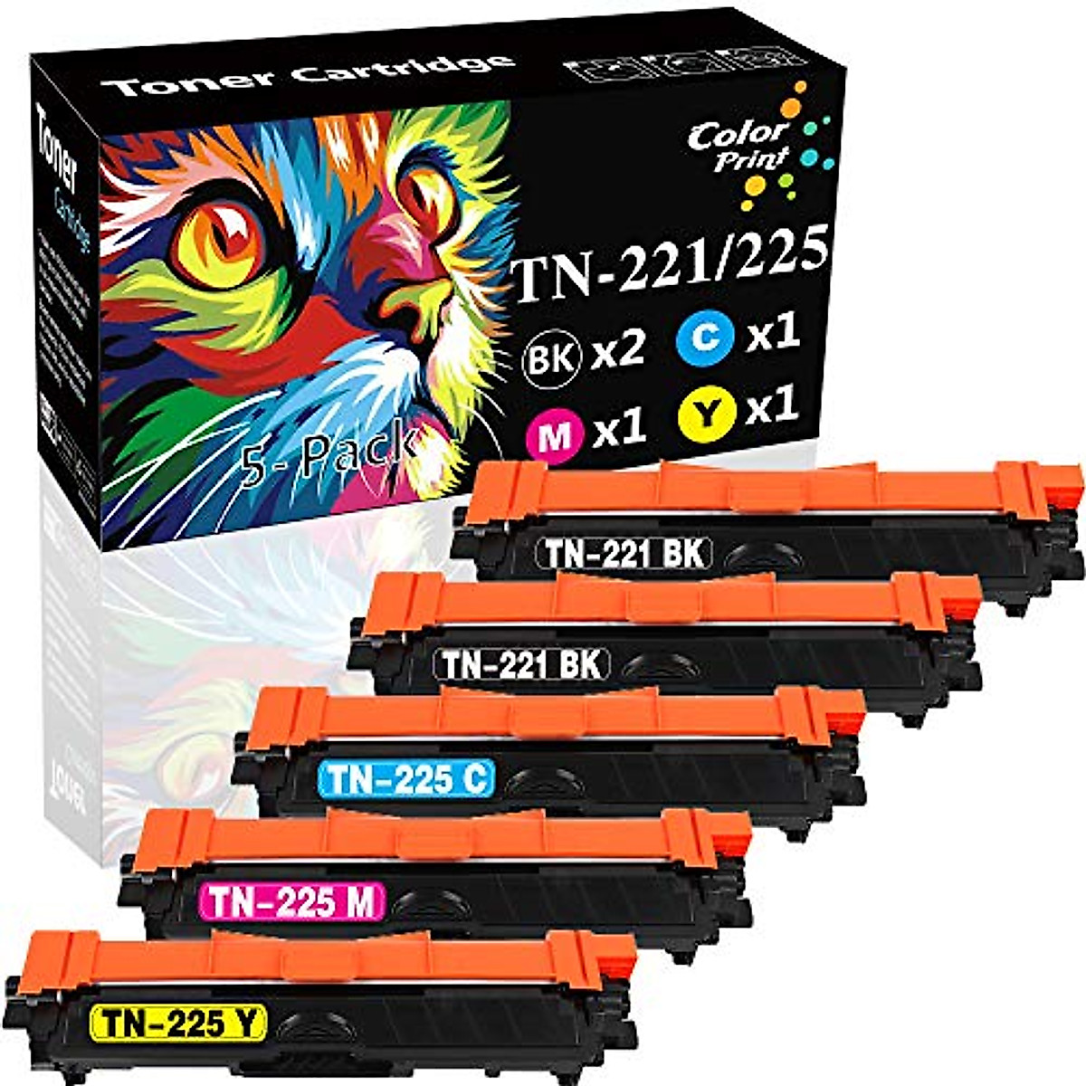 5-Pack ColorPrint Compatible Toner Cartridge Replacement for Brother TN-221 TN-225 TN221 TN225 Work with HL-3140CW 3150CDW 3170CDW HL-3180CDW MFC-9130CW 9340CDW 9330CDW Printer (2BK, 1C, 1M, 1Y)