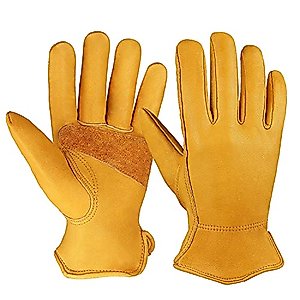 OZERO Leather Work Gloves Flex Grip Stretchable Tough Cowhide Work Gloves 1 Pair (Gold, Medium)