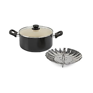 Amazon Basics 11-Piece Ceramic Non-Stick Pots and Pans Set, Dishwasher & Oven Safe, Non-Toxic, Easy Clean, Black/Cream