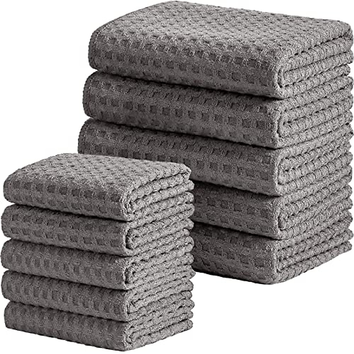 Vnoss Waffle Weave Microfiber Kitchen Towels and Dishcloths Set, 26 X 18 Inch and 12 X 12 Inch, Set of 10 Gray Lint Free Dish Towels for Drying Dishes