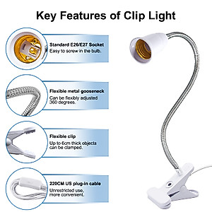 Clip Lamp Holder,Flexible Aluminum Neck Clamp Lights,360°Adjustable Clamp Light Socket,E26/E27 Clamp Light Fixture with 220CM Switch and Plug Cable,Clip Desk Lamp Holder for Study Work Reading,No Bulb