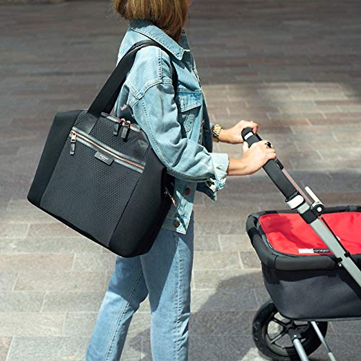 Stevie Luxe Scuba Black Modern Style Baby Diaper Bag by Storksak | Water-Resistant, Large Capacity Multi-Functional Bag with Smooth Leather Trim and Rose Gold Hardware | Shoulder and Stroller Straps