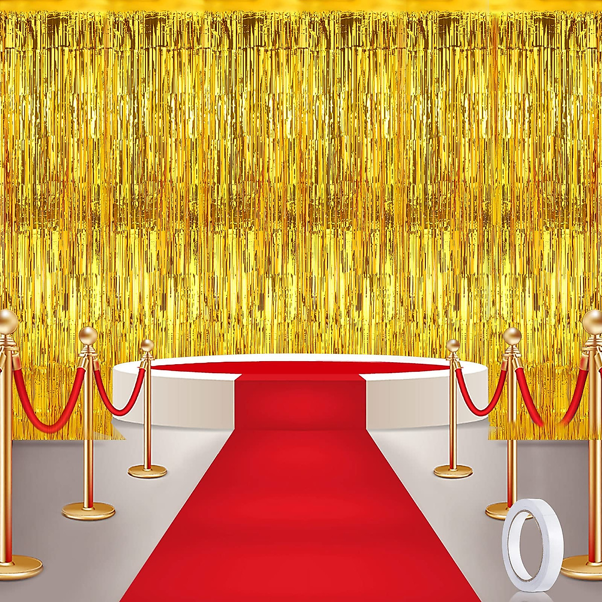 Tegeme Carpet Runner Aisle 2.6 x 30 Feet with Carpet Tape and 4 Pieces of 8.2 x 3.2 Feet Metal Tinsel Tassel Curtains for Halloween Birthday Wedding Party Decoration(Red)