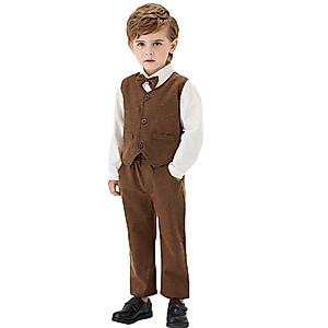 Toddler Boys Formal Suits Kids Classic Fit Dresswear Suit Vest Set Outfit(Brown, 90/18-24 Months)