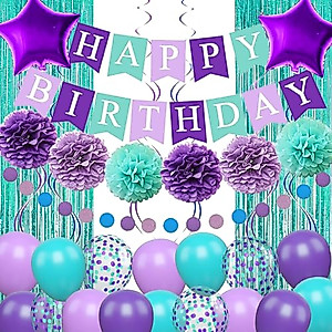 Mermaid Birthday Decorations Purple Teal Blue Party Balloons Happy Birthday Banner Dots Garland Purple Turquoise Green Fringe Curtain Pompom Swirls for Girl Women Birthday Baby Shower Party Decoration