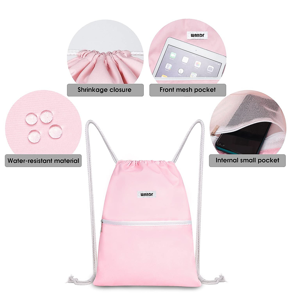 WANDF Drawstring Backpack String Bag Sackpack Cinch Water Resistant Nylon for Sport Yoga Gym Shopping (Light Pink)