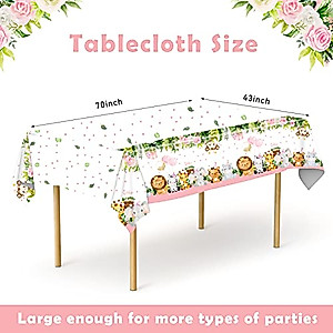Safari Baby Shower Decorations for Girl Pink Jungle Tablecloth 3 Pieces Plastic Disposable Zoo Birthday Table Cover for Animal Theme Baby Shower Birthday Party Supplies(70×43 Inch)